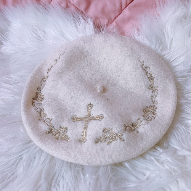 Rose Cross Ivory x Gold fleece Beret - Hats - Lace Market: Lolita ...