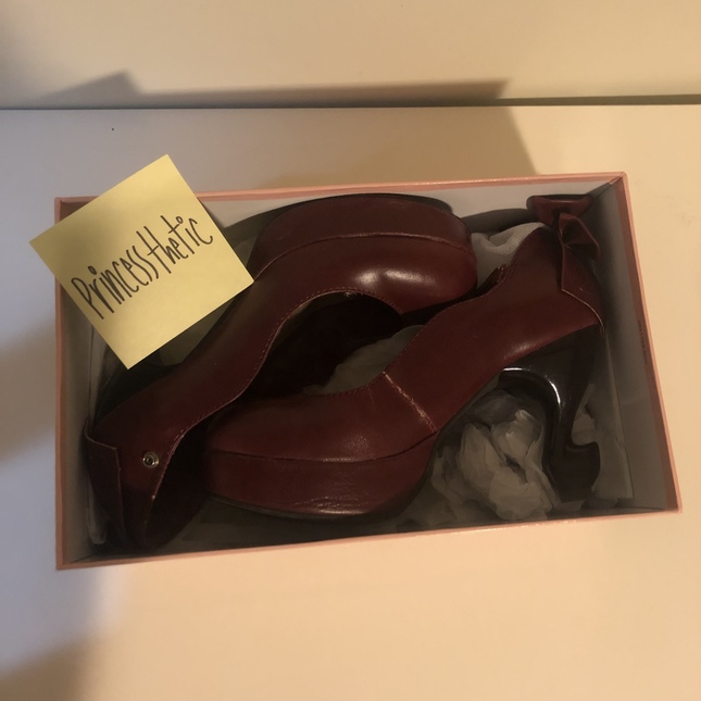 Alice And The Pirates Cabriole Legs Ribbon Shoes in Wine/Bordeaux with ...