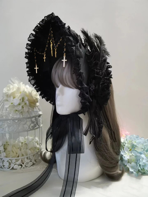 Pure Black Gothic Lolita Cross Bonnet - Hair Accessories - Lace Market ...