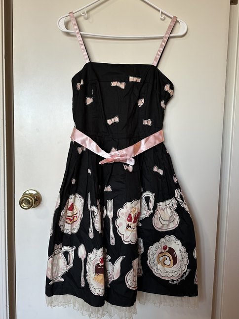 Emily Temple Cute Tea Cup Print Ribbon Belt Sleeveless JSK in Black ...