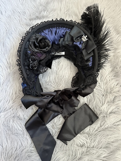Triple Fortune Black x Blue Rose Ribbon Half Bonnet - Bonnets - Lace ...