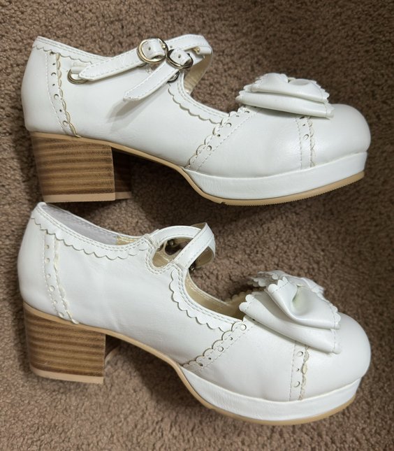 23.5cm US6.5 YOSUKE Leche Tea Parties Platform Strap Pumps Shoes with detachable pearls white ...