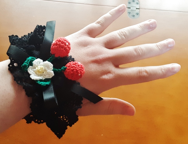 Bodyline Black Cluny Lace Wrist Cuffs with Strawberries and Blossom ...