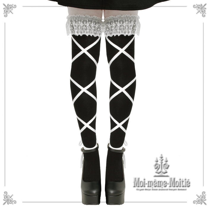 Moi meme moitie lace ribbon OTKs black x white - Socks and Tights ...